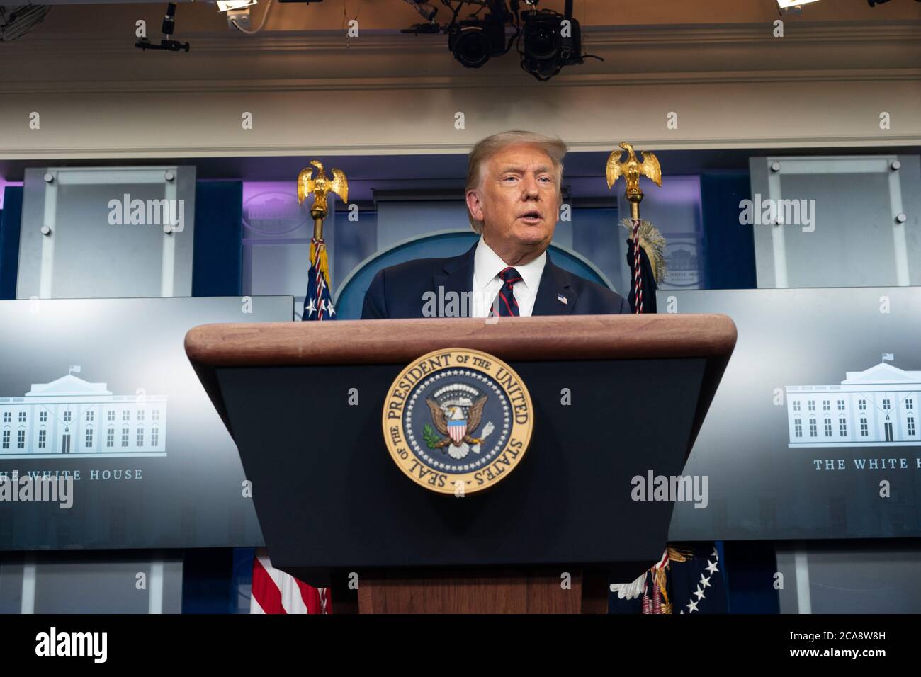 United States President Donald J. Trump conducts a news briefing in the ...