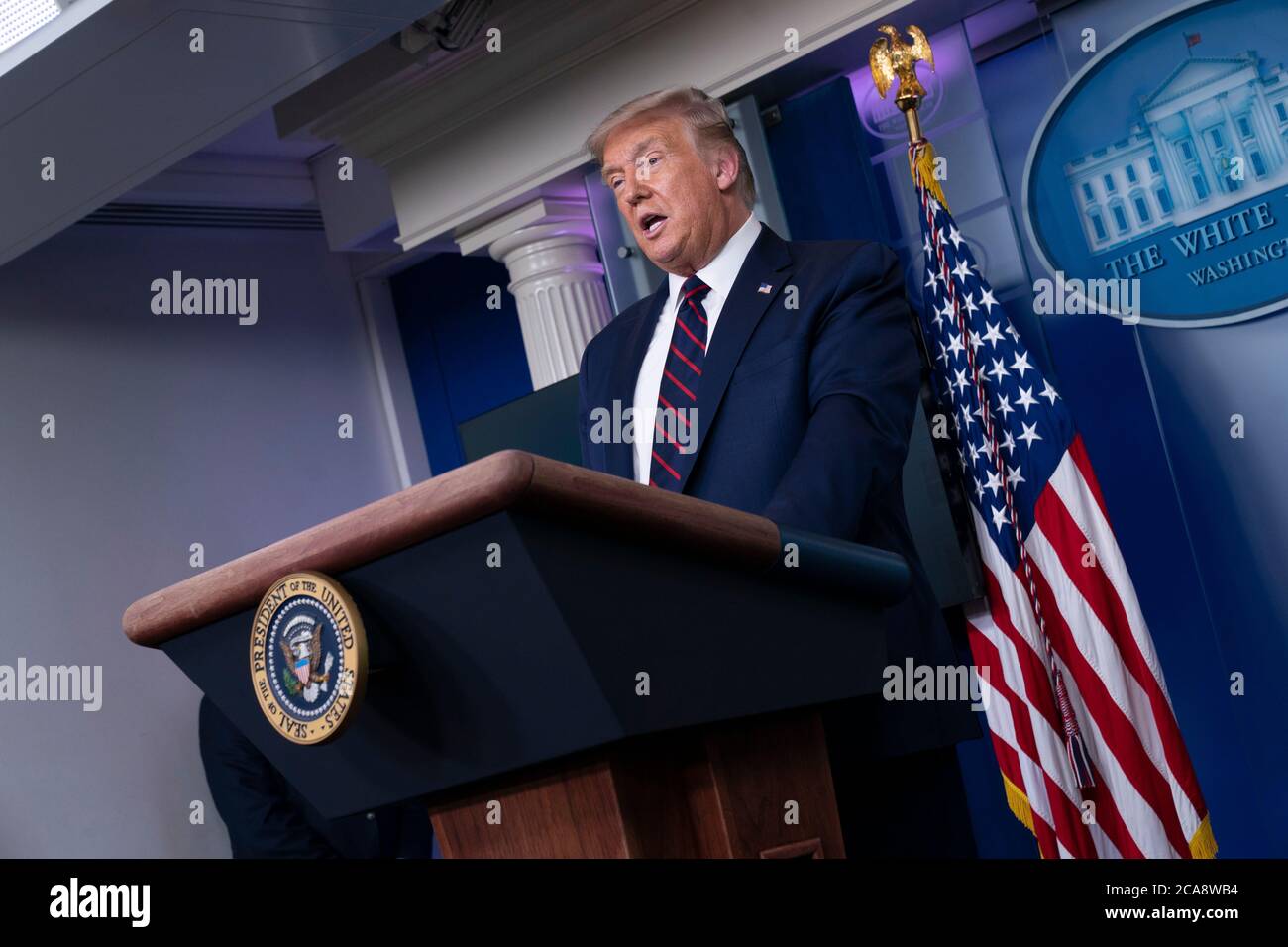 United States President Donald J. Trump conducts a news briefing in the ...