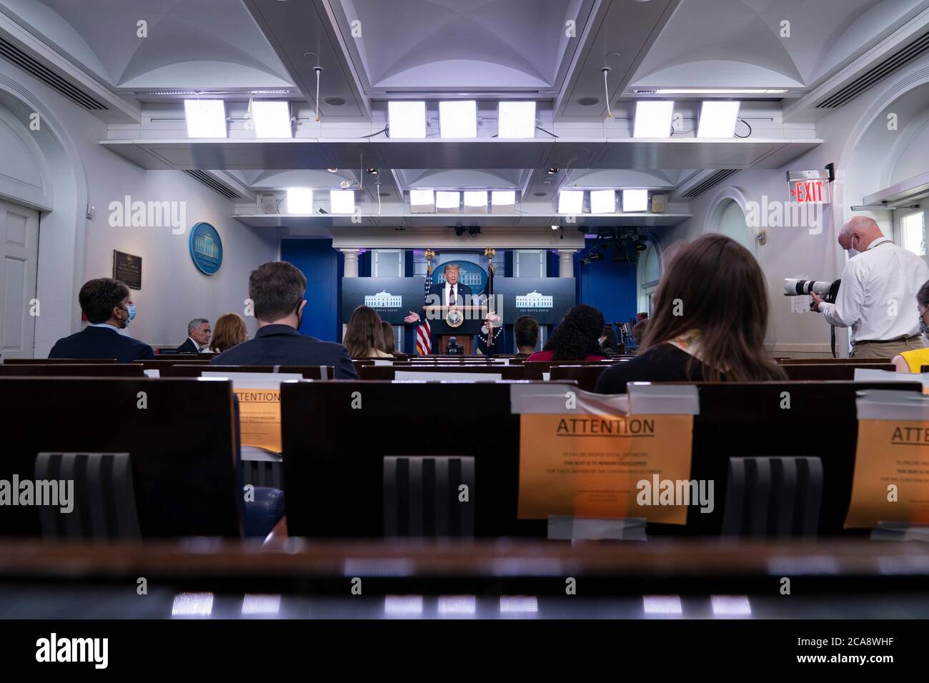 United States President Donald J. Trump conducts a news briefing in the ...