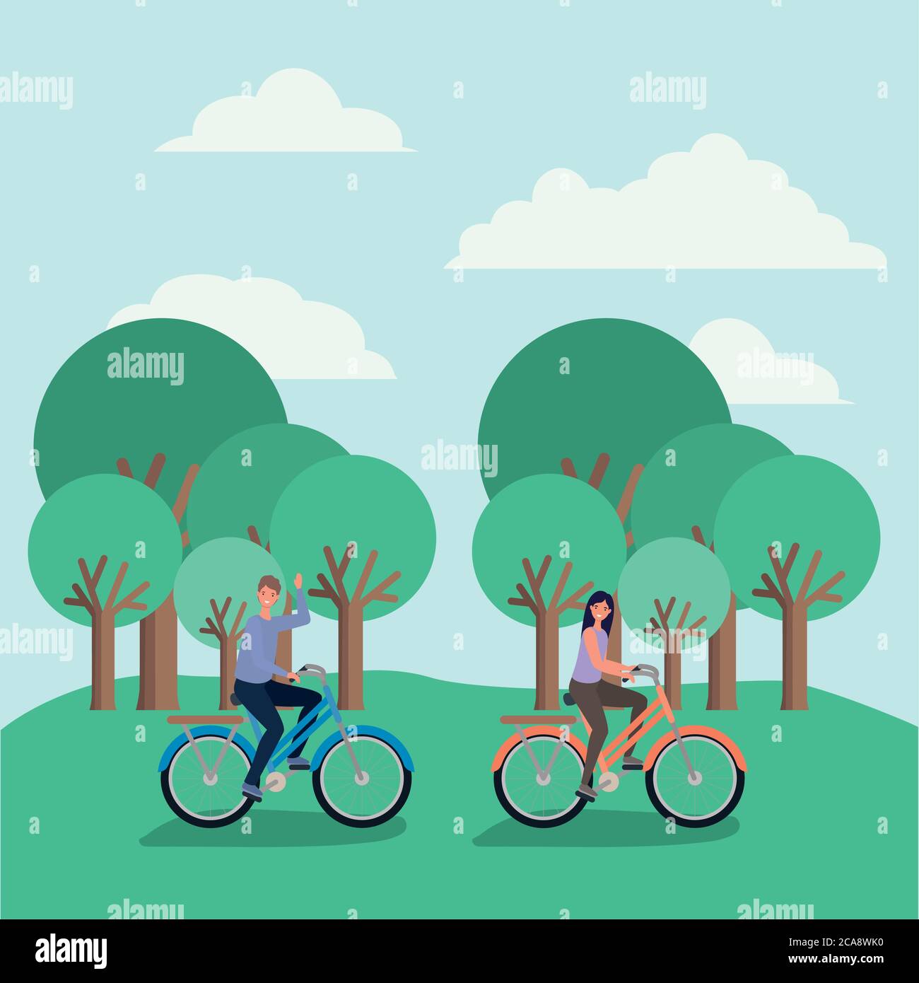 Woman and man cartoons riding bike at park design, Outdoor activity ...