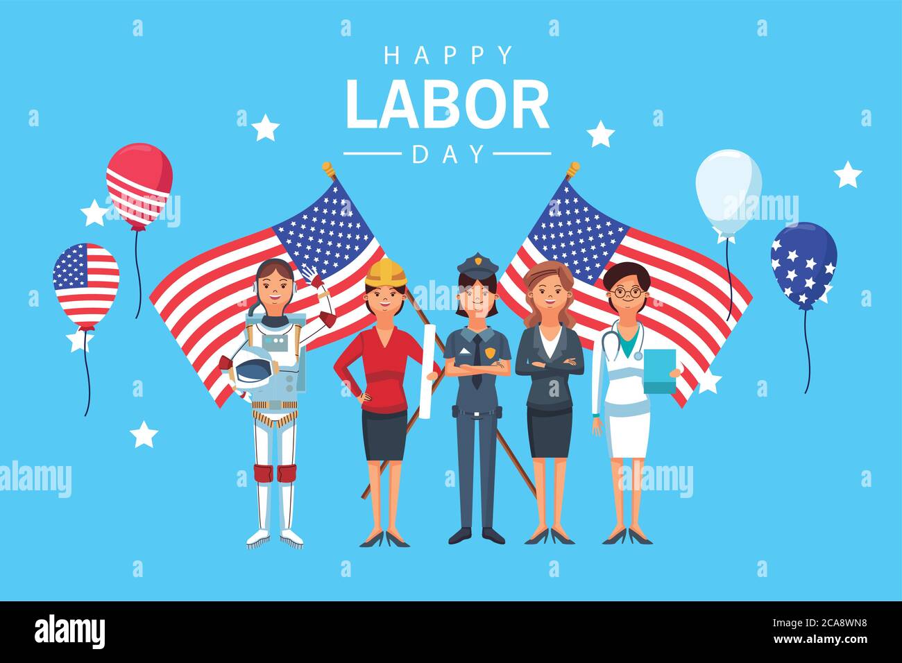 happy labor day celebration with workers and flags vector illustration ...