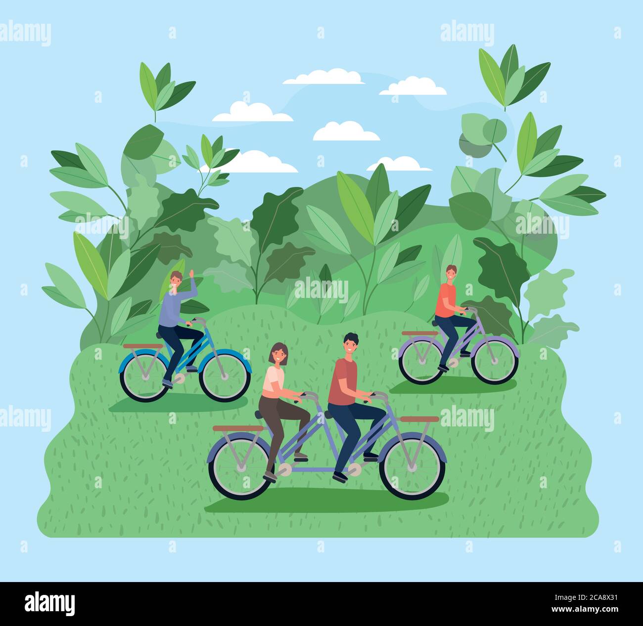 Woman and men cartoons riding bike at park with leaves design, Outdoor ...