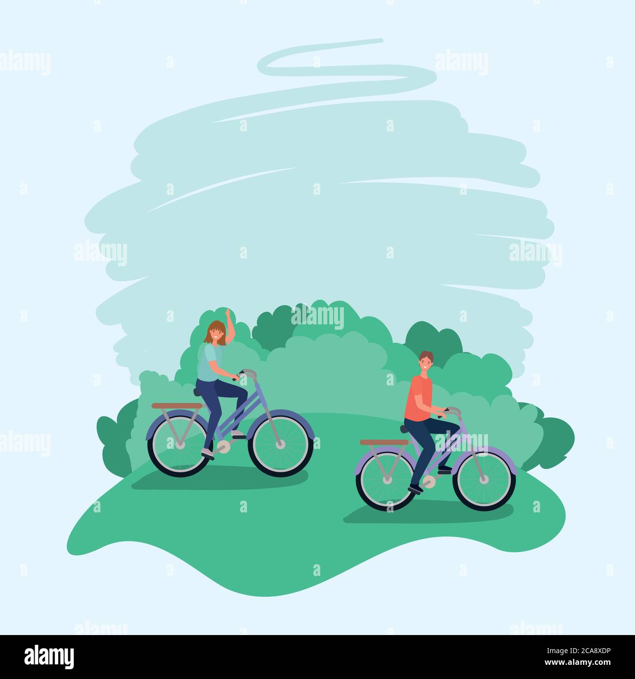 Woman and man cartoons riding bike at park design, Outdoor activity ...