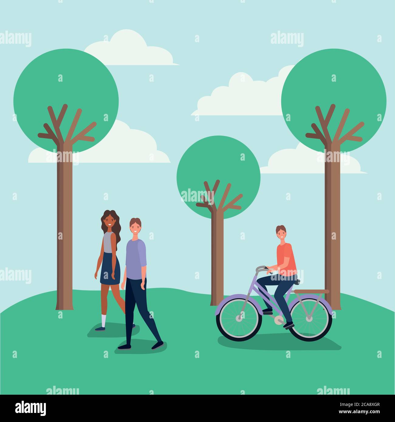 Woman and man cartoon walking and boy riding bike at park with trees ...