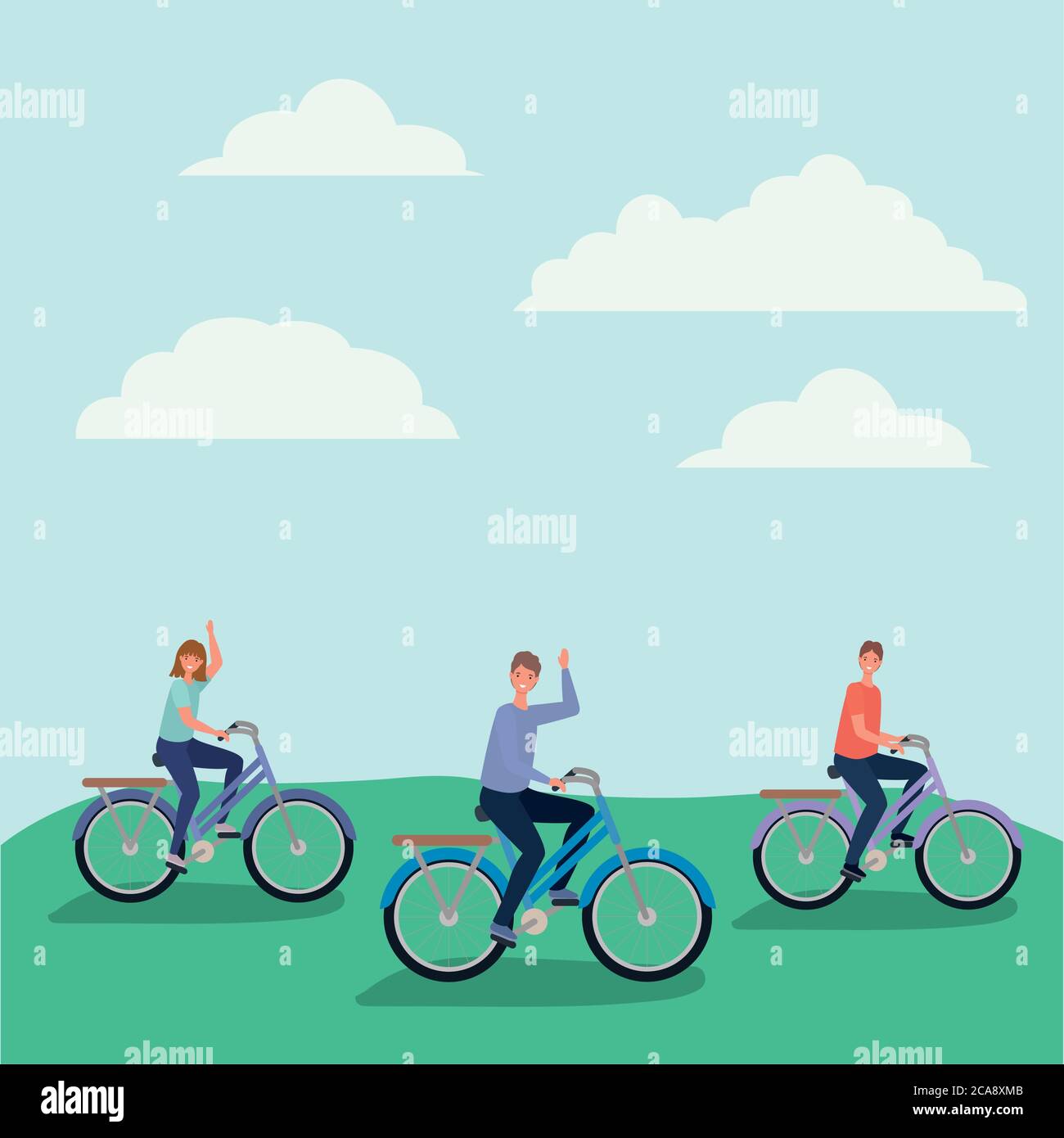 Woman and men cartoons riding bike at park design, Outdoor activity ...