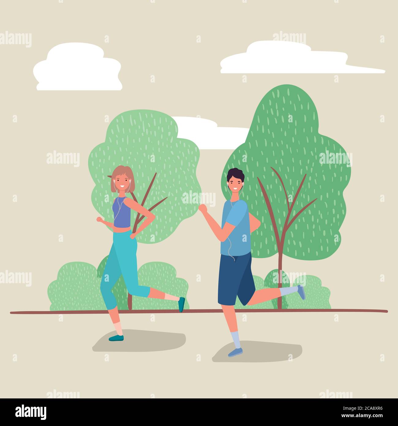 Woman and man cartoons running at park design, Outdoor activity theme ...