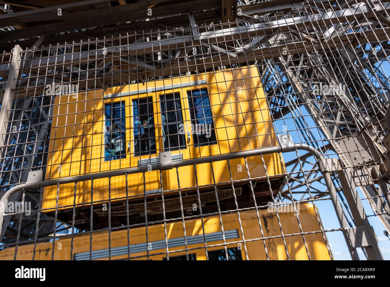 Paris, France. Monday 20 July 2020. The lift inside the Eiffel Tower in ...