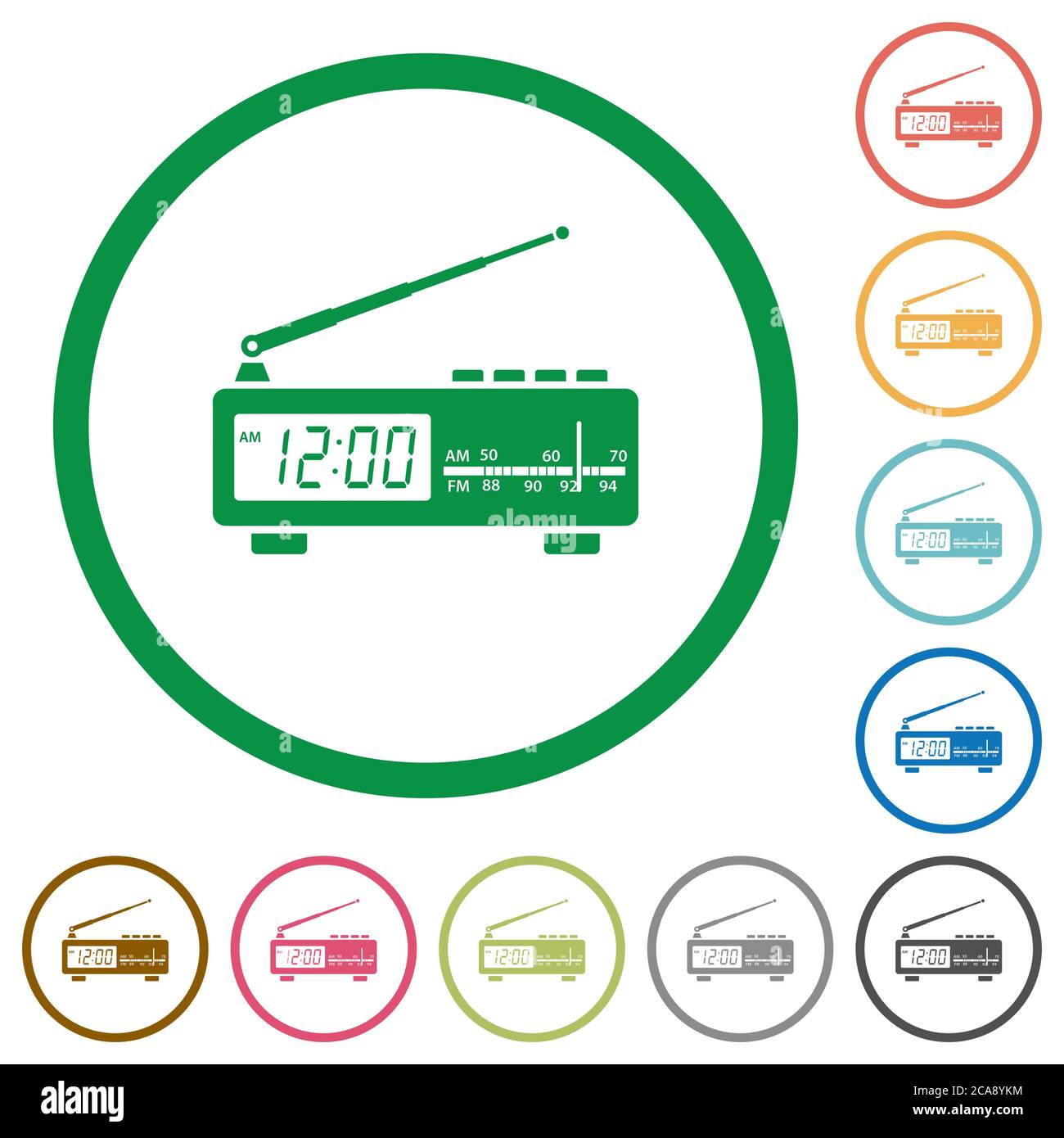 Vintage radio clock flat color icons in round outlines on white ...