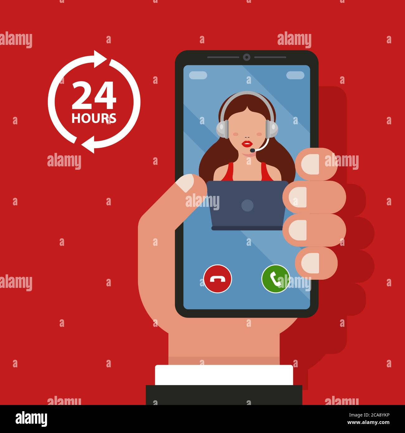 call the call center from the phone. help 24 hours. flat vector ...