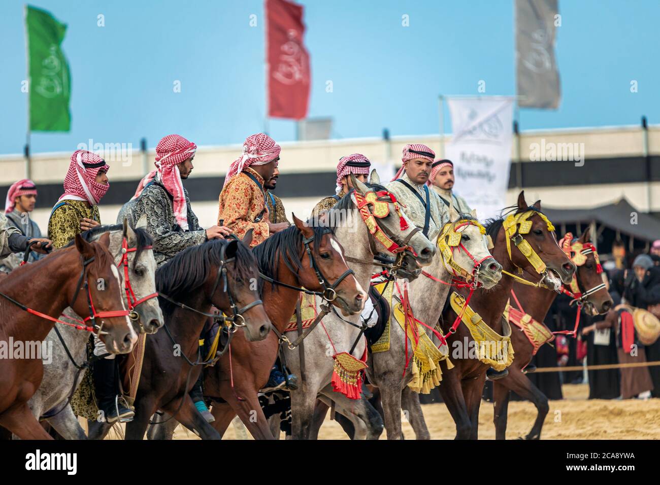 Saudi Arab Horse riders with their horse on traditional desert safari ...