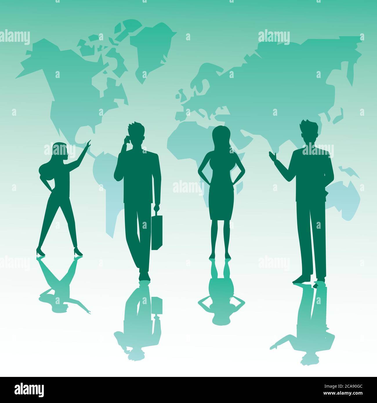 group of business people teamwork silhouettes and earth planet maps ...
