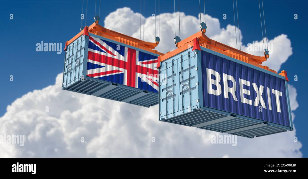 Freight containers with the text BREXIT and United Kingdom flag on the ...
