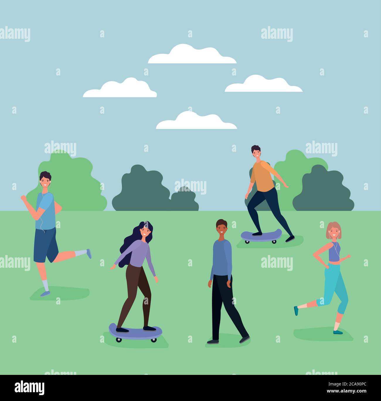 Women and men cartoons running and on skateboard at park design ...