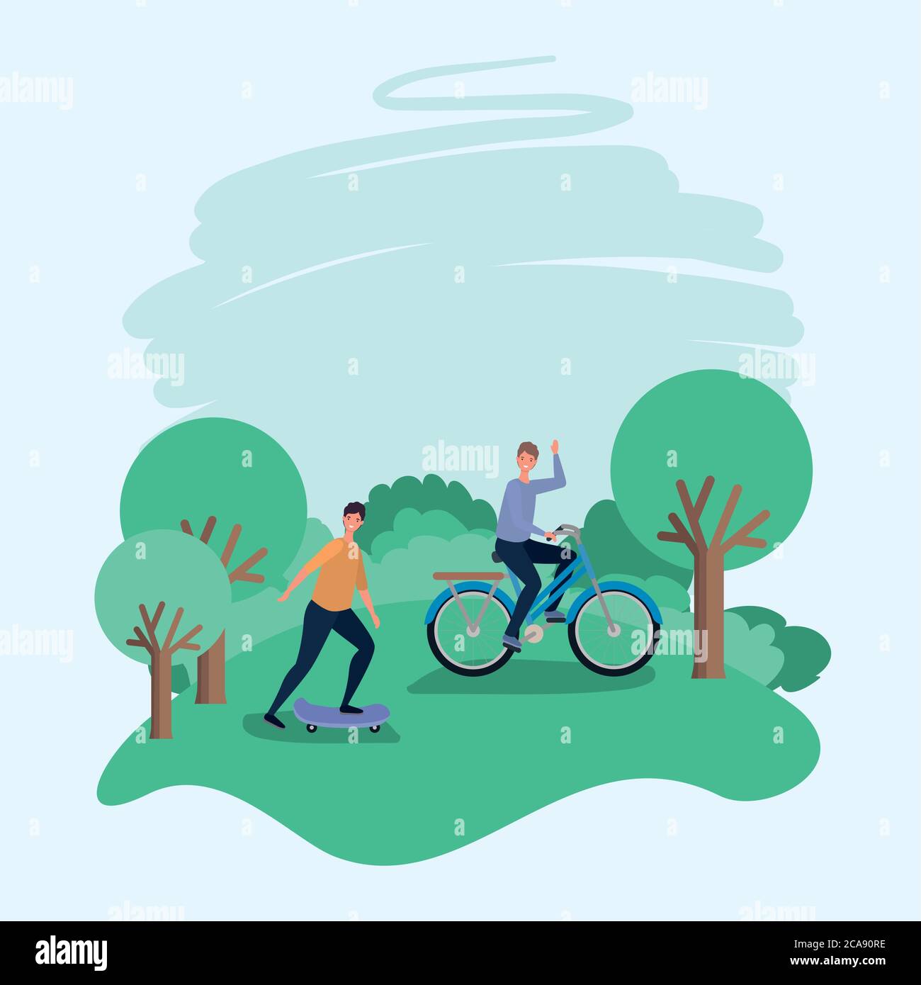 men cartoons riding bike and skateboard at park design, Outdoor ...