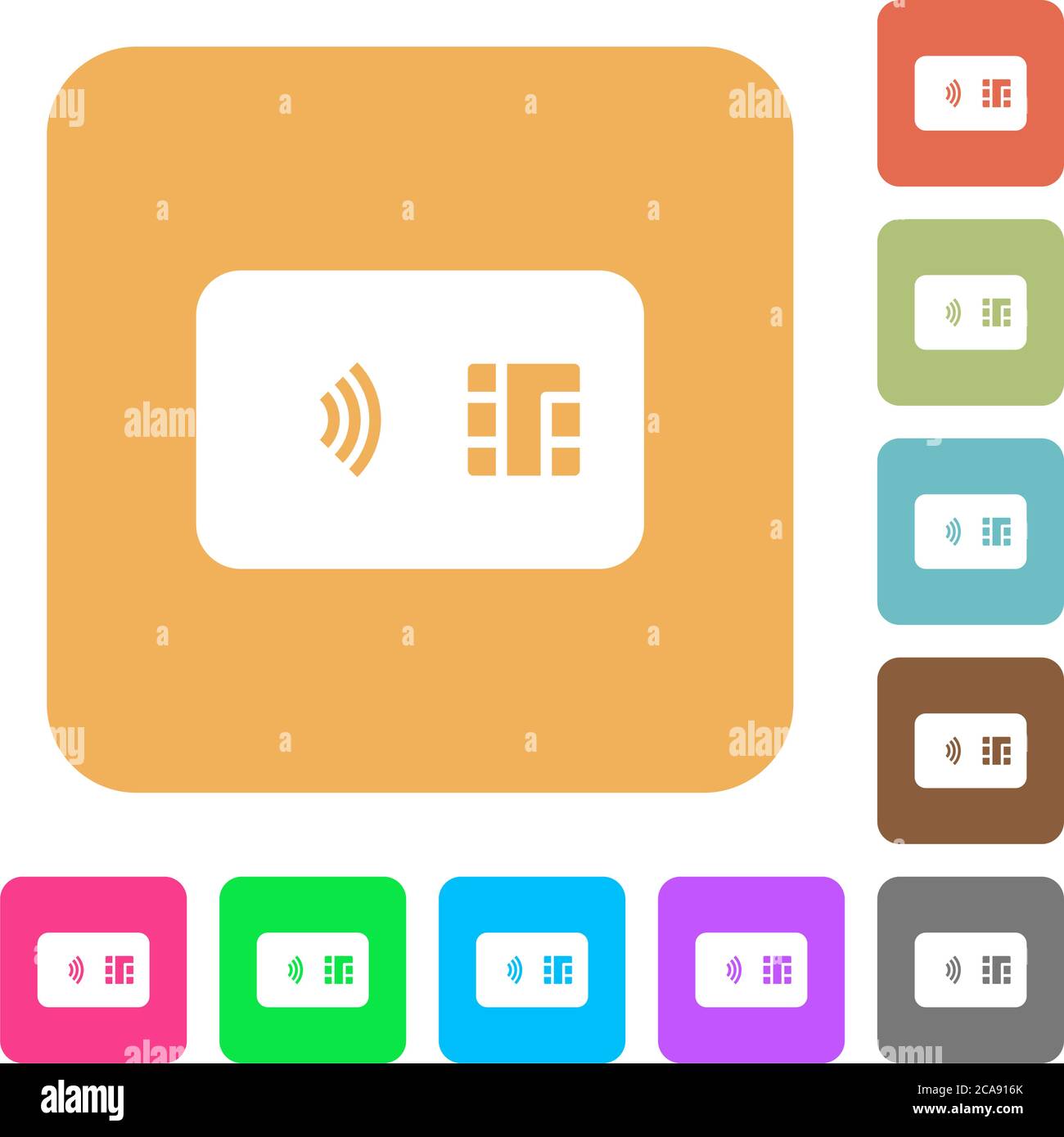 NFC chip card flat icons on rounded square vivid color backgrounds ...