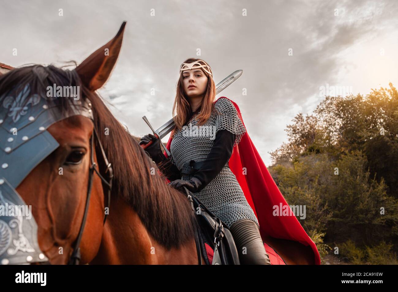 A beautiful girl with a sword in a medieval fantasy suit. A woman in a ...