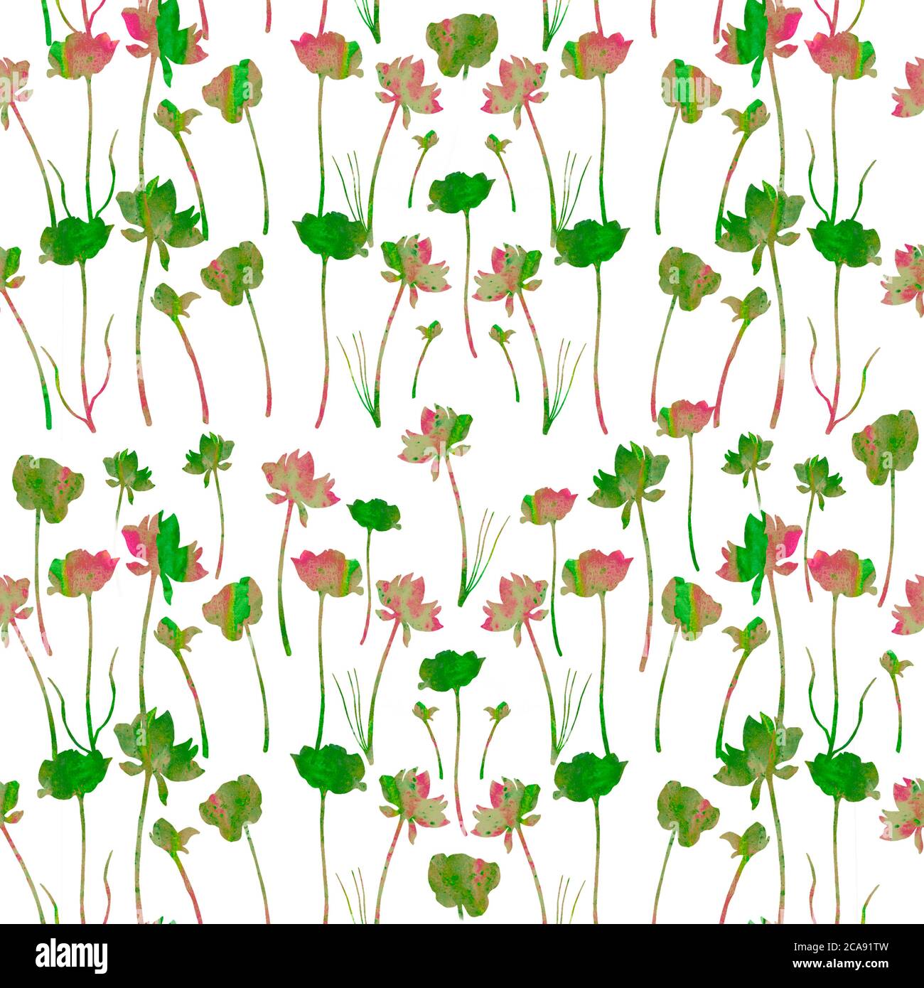 Green and red flowers on the white background. Watercolor flowers ...