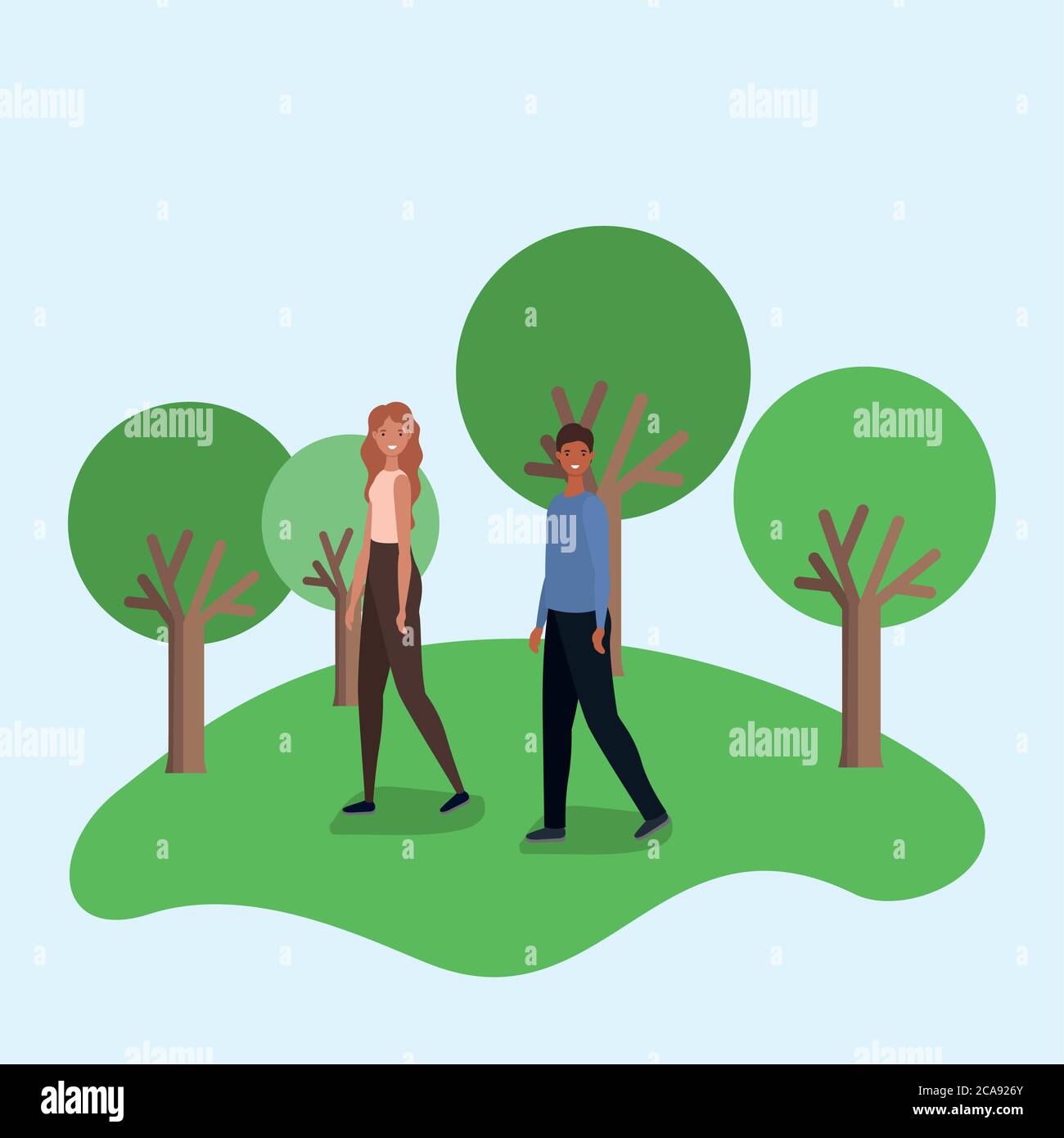 Woman and man cartoon walking at park with trees design, Outdoor ...