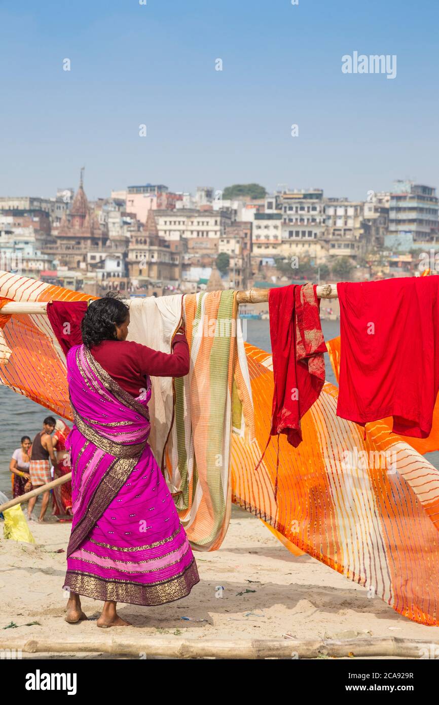 Hanging up washing on banks of Ganges River, Varanasi, Uttar Pradesh ...