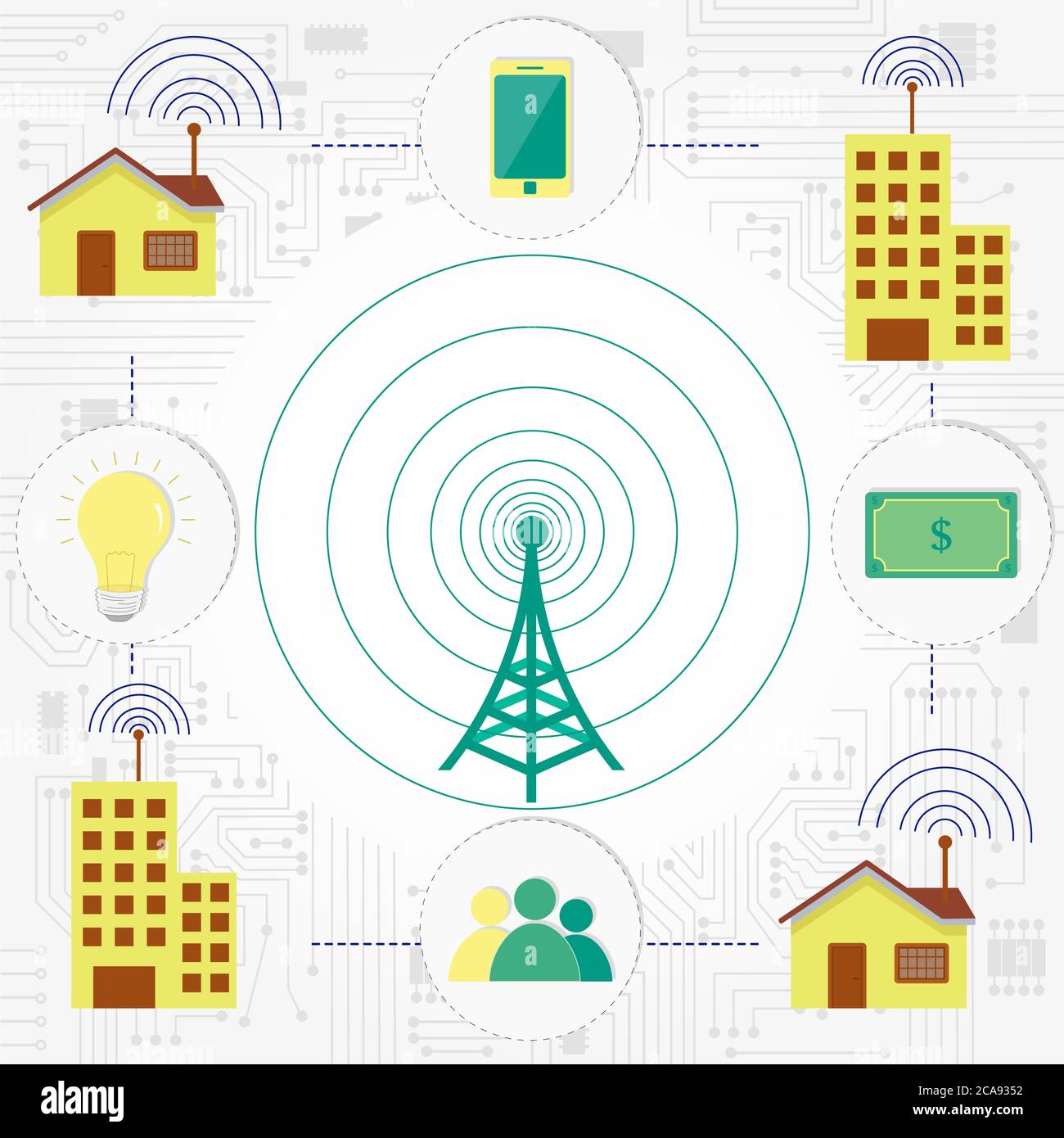 Homes and offices connected to a central communication tower and ...