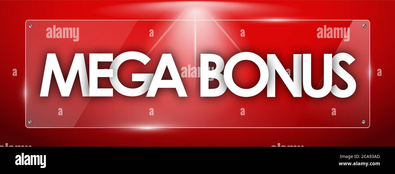 MEGA BONUS word in transparent glass shapes Stock Photo - Alamy