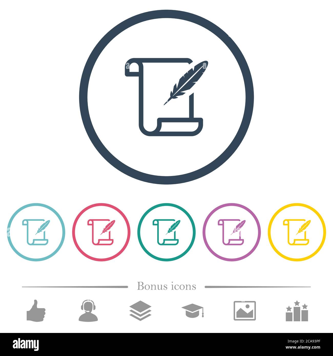 Paper scroll with feather flat color icons in round outlines. 6 bonus ...