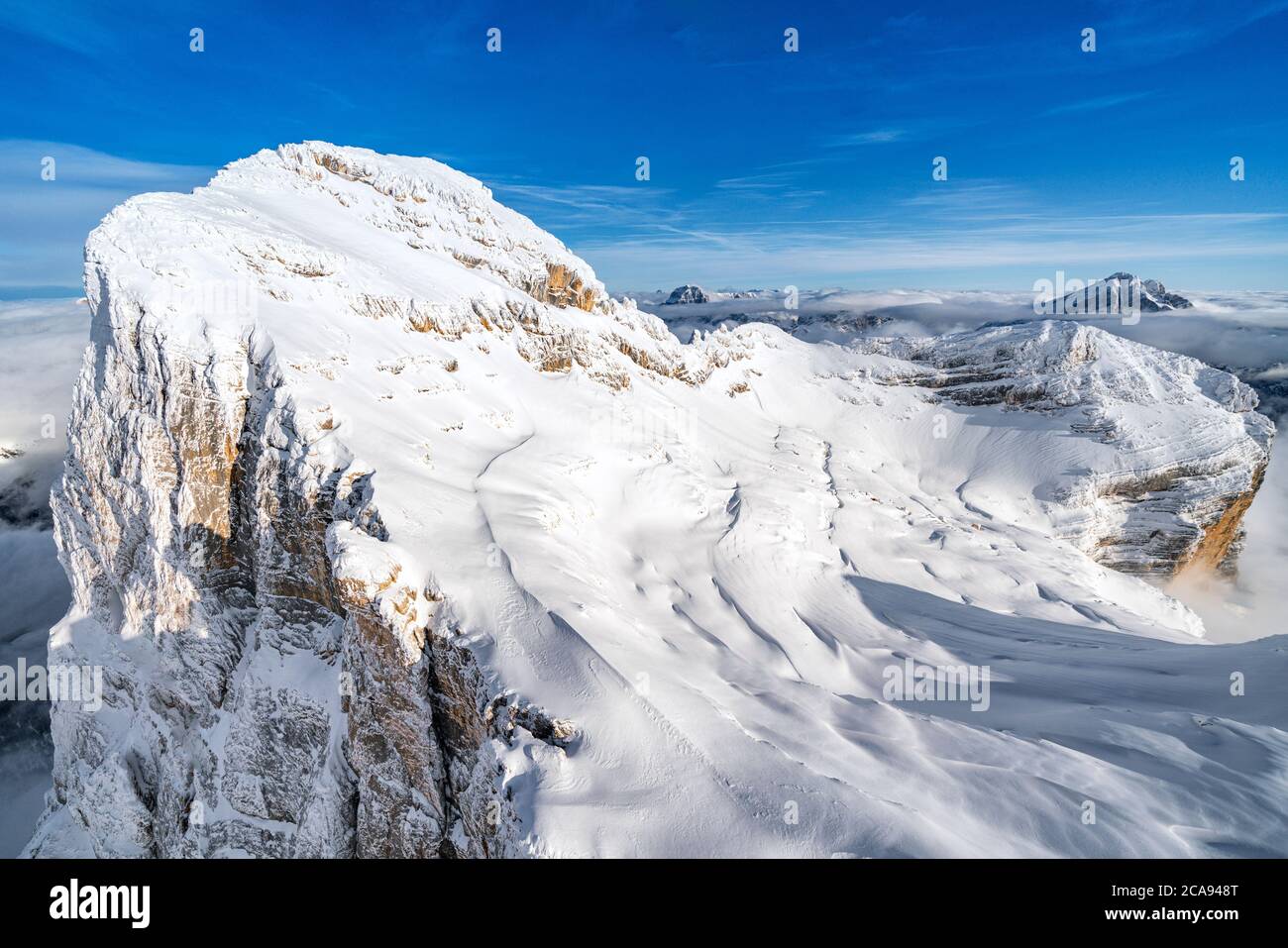 Monte Pelmo after a snowfall, aerial view, Dolomites, Belluno province ...