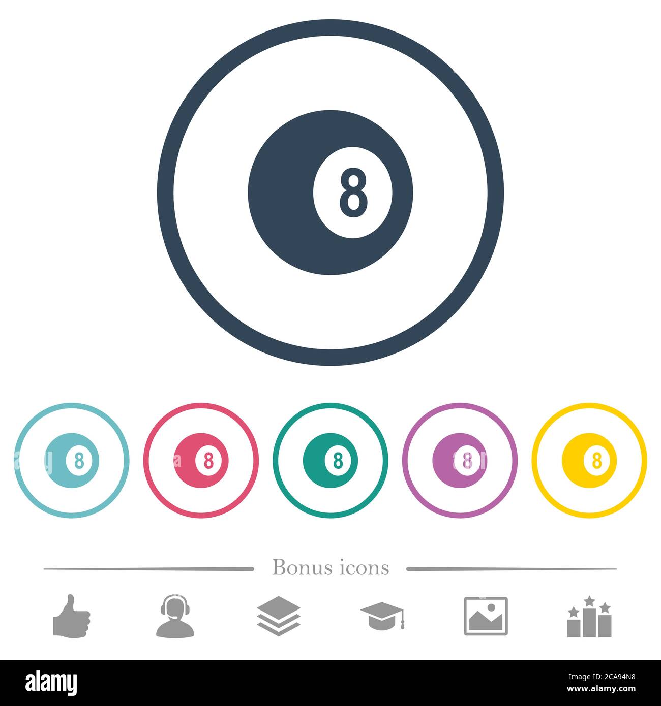 Black eight billiard ball flat color icons in round outlines. 6 bonus ...