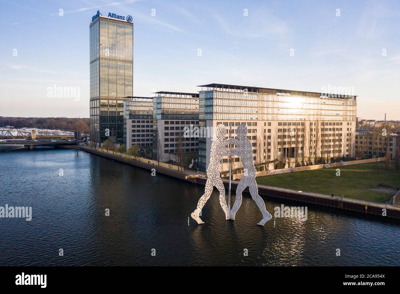 Aerial view of the Molecule Man statue and the Treptowers by the Spree ...