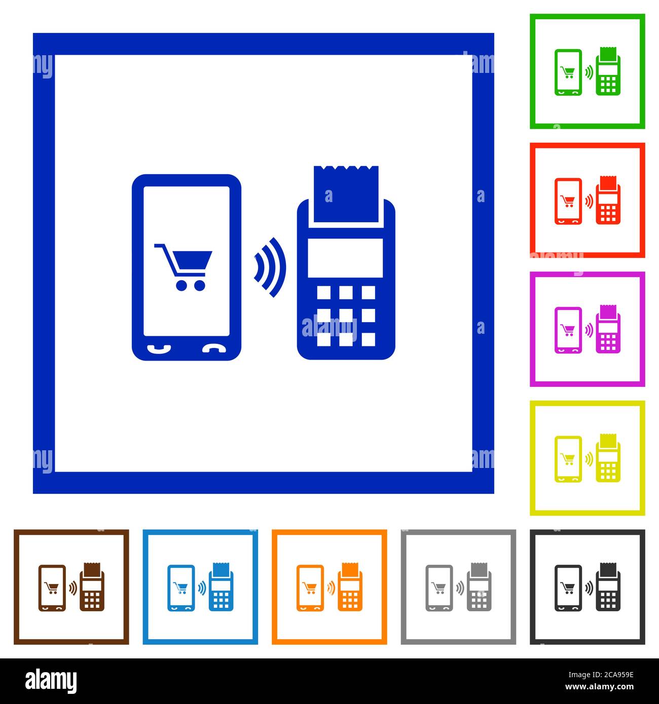 Mobile payment flat color icons in square frames on white background ...