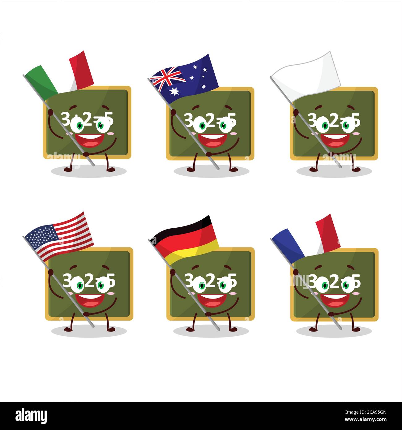 Chalk board cartoon character bring the flags of various countries ...