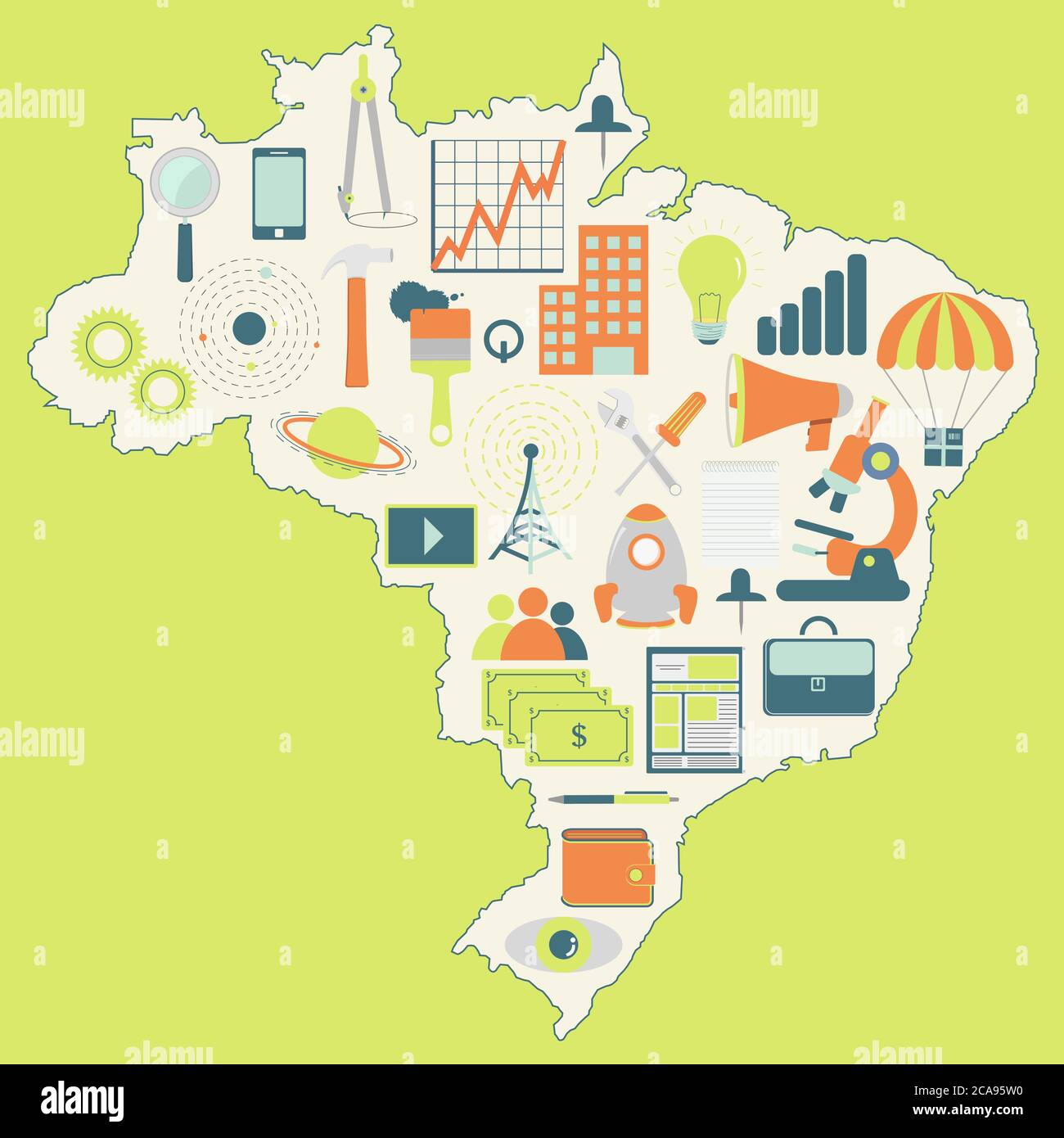 Contour map of Brazil with icons of technology, business, science ...