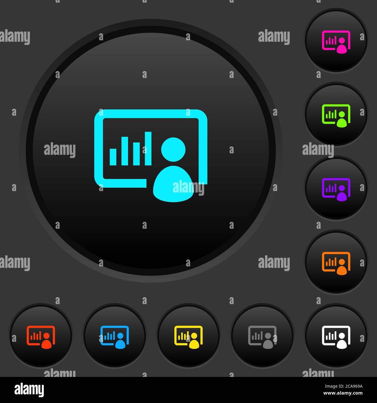 Presentation dark push buttons with vivid color icons on dark grey ...