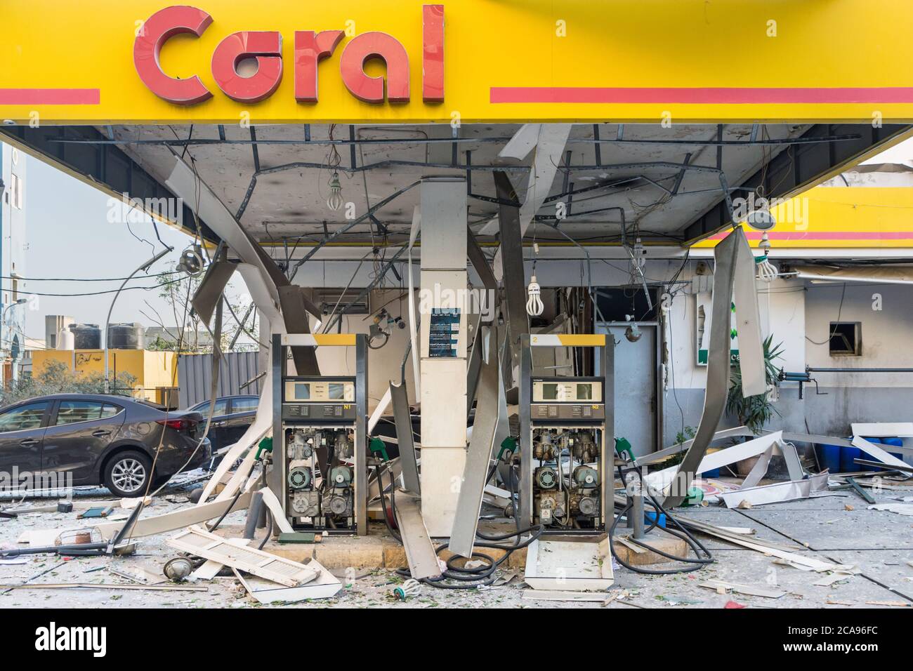 Achrafieh/Beirut, Lebanon, 5th August, 2020. Gas station destroyed ...