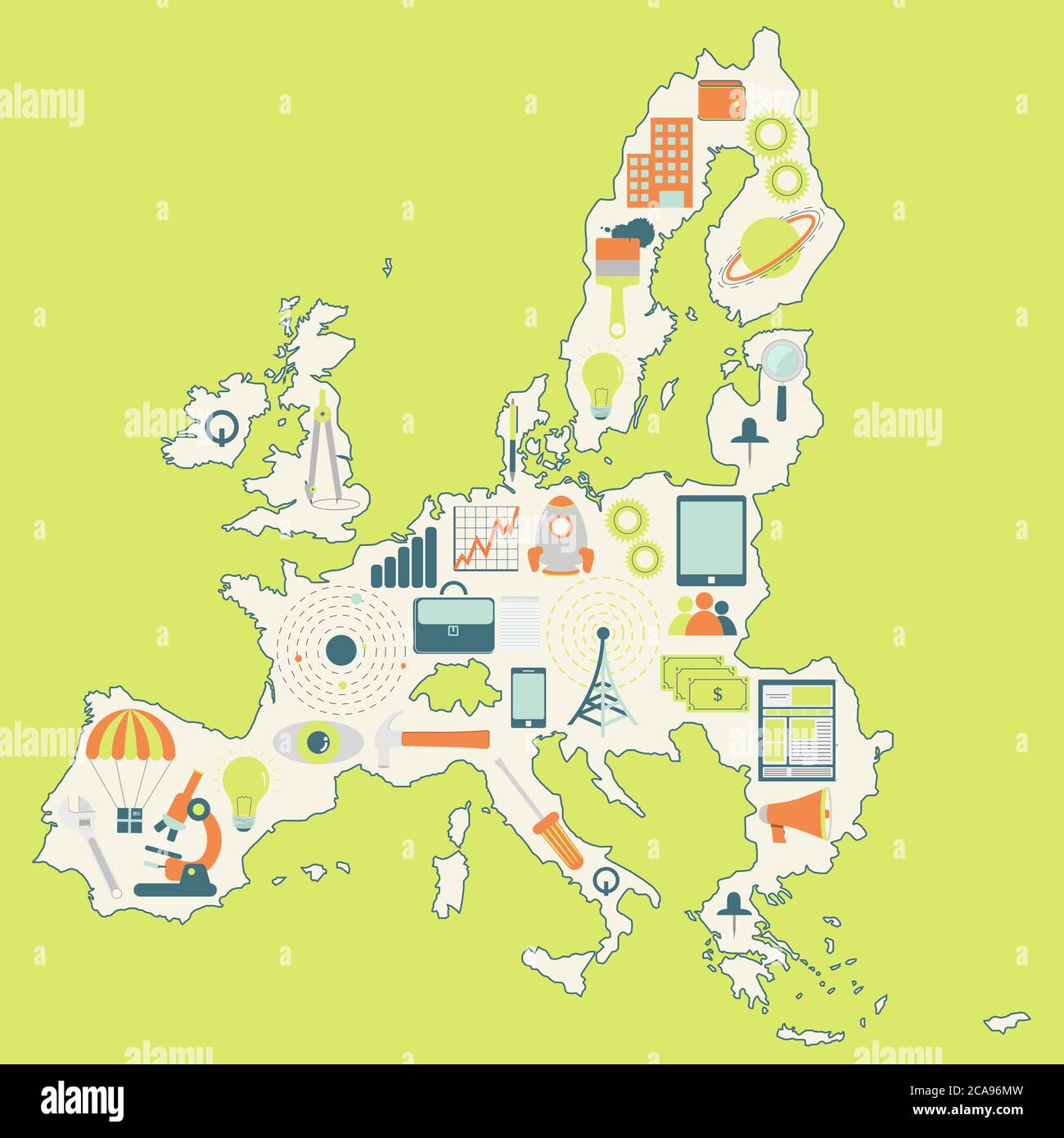 Contour map of European Union with icons of technology, business ...