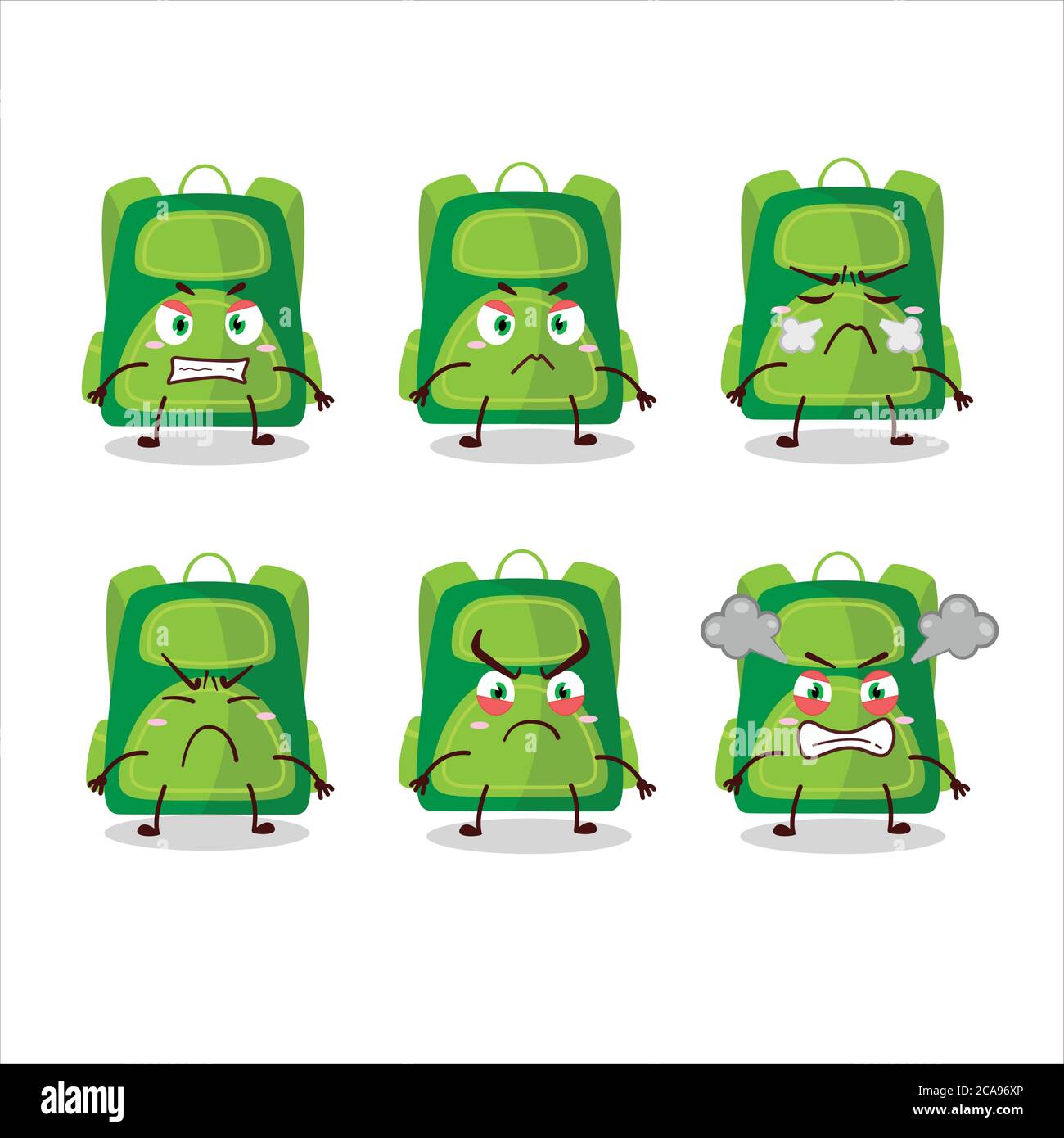 Green school bag cartoon character with various angry expressions Stock ...