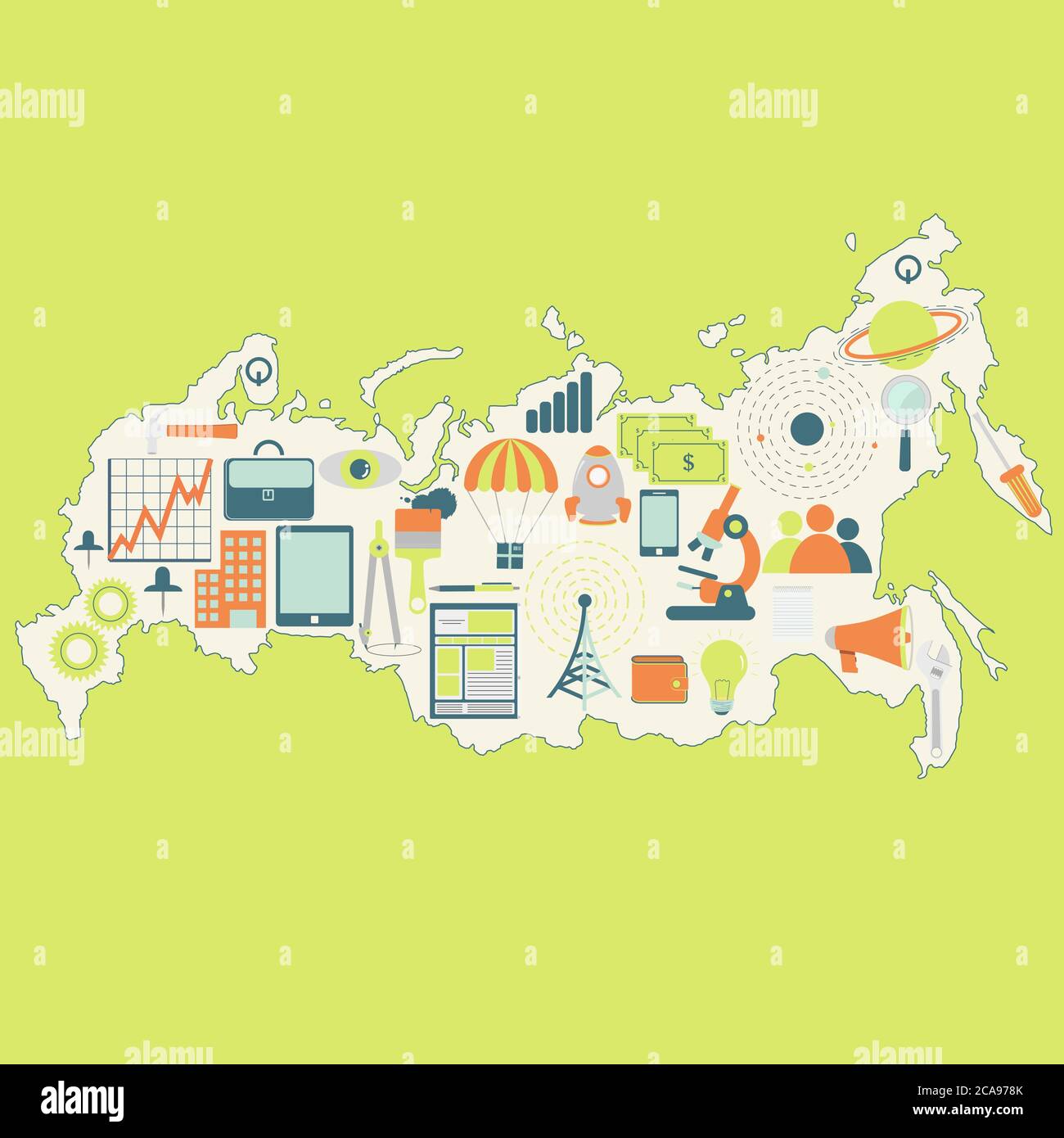 Contour map of Russia with icons of technology, business, science ...