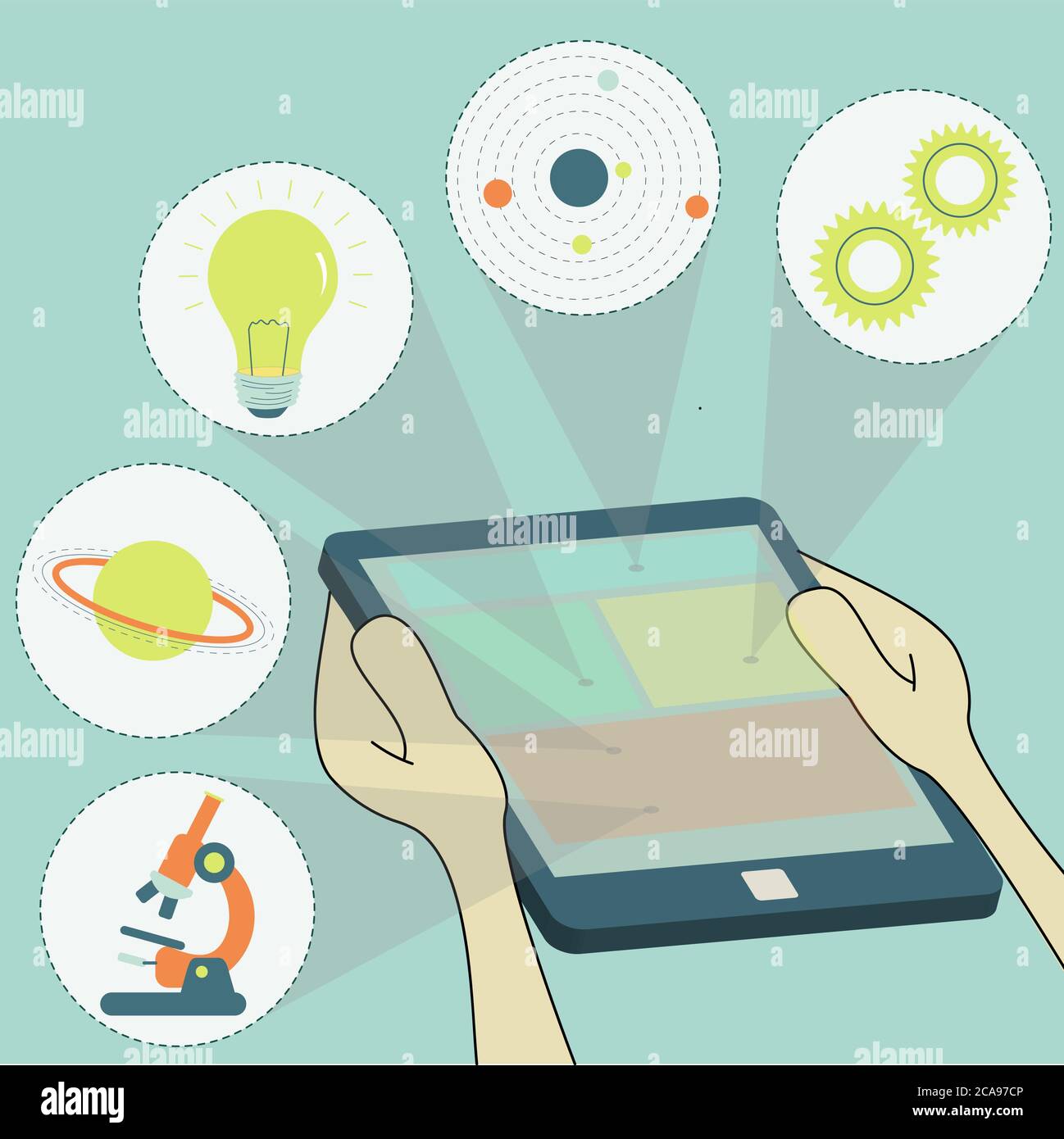 Symbols of science in the tablet: microscope, planet gear, solar system ...
