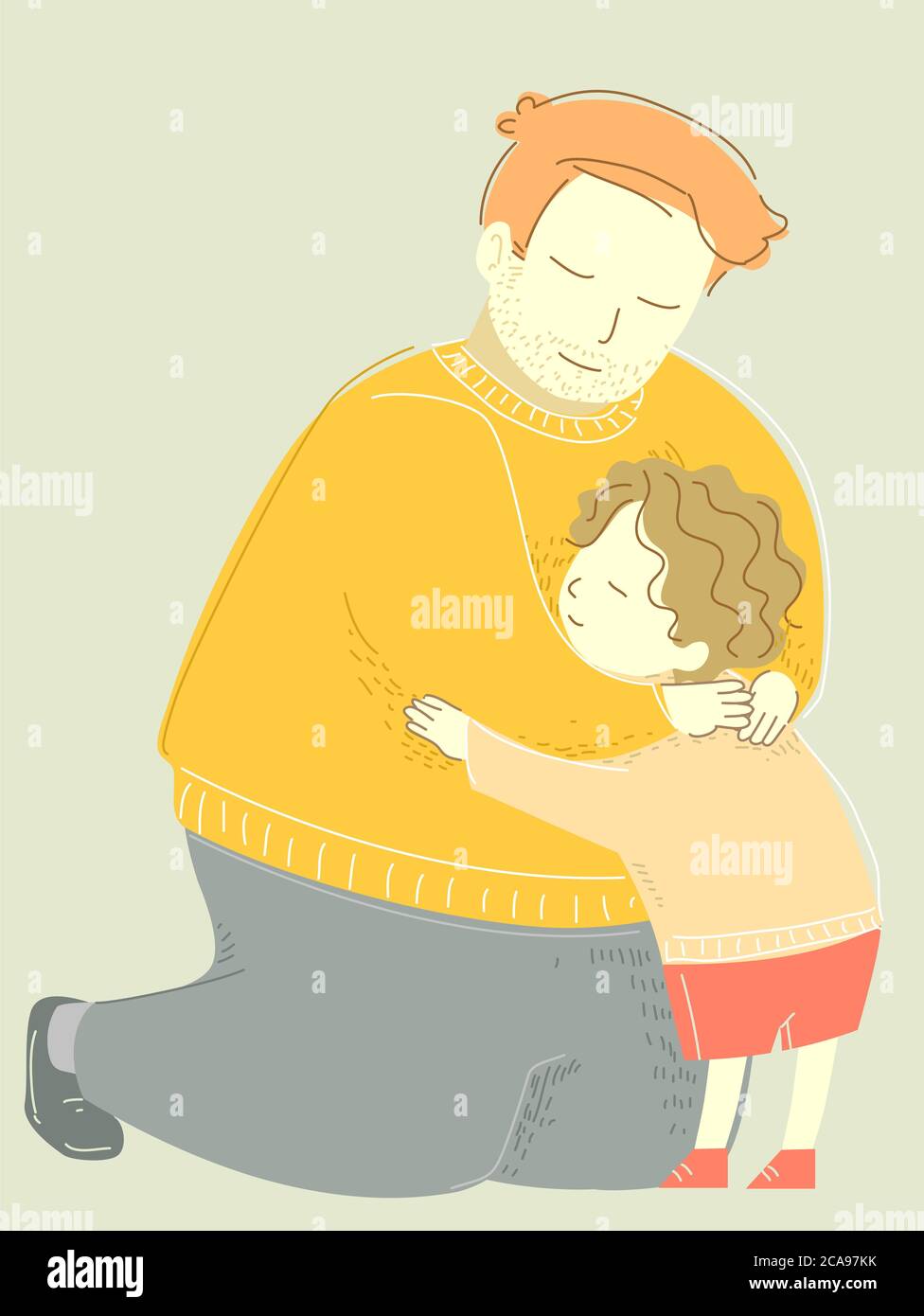 Illustration of a Kid Boy Hugging His Father, A Man Kneeling Down to ...