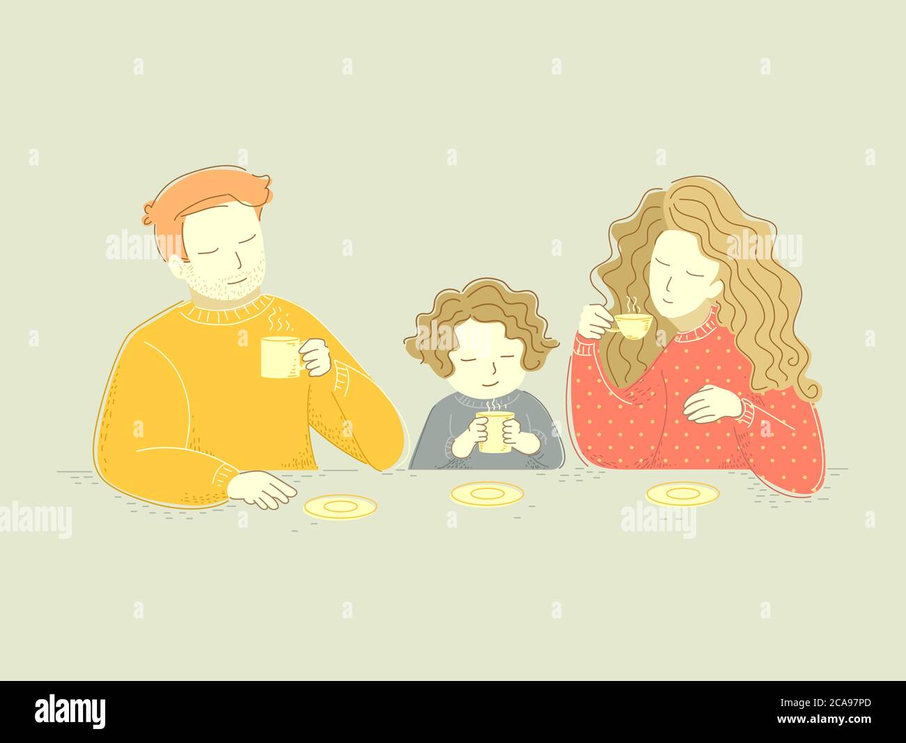 Illustration of a Kid Girl Drinking Hot Chocolate with Parents Drinking ...