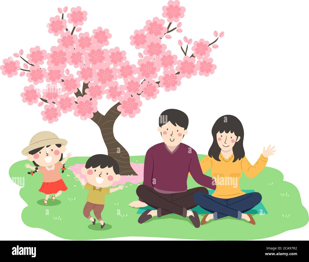 Illustration of a Family Sitting Down in Picnic During Cherry Blossom ...