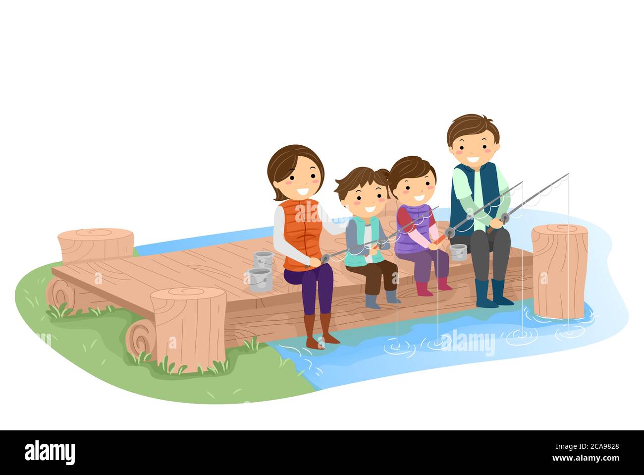 Illustration of a Stickman Family Sitting Down a Lake Dock and Fishing ...