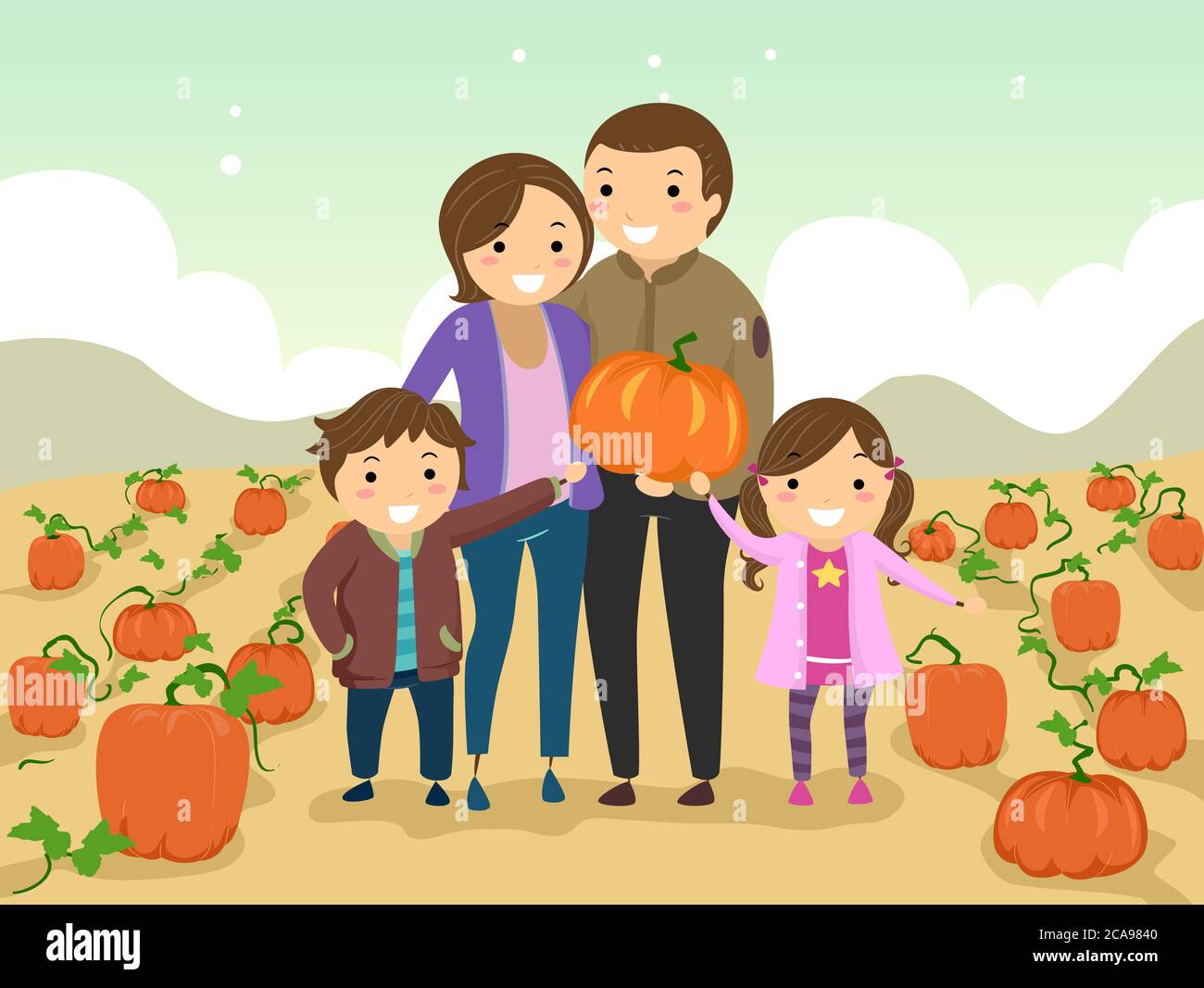 Illustration of a Stickman Family Outdoors and Picking Pumpkins Stock ...