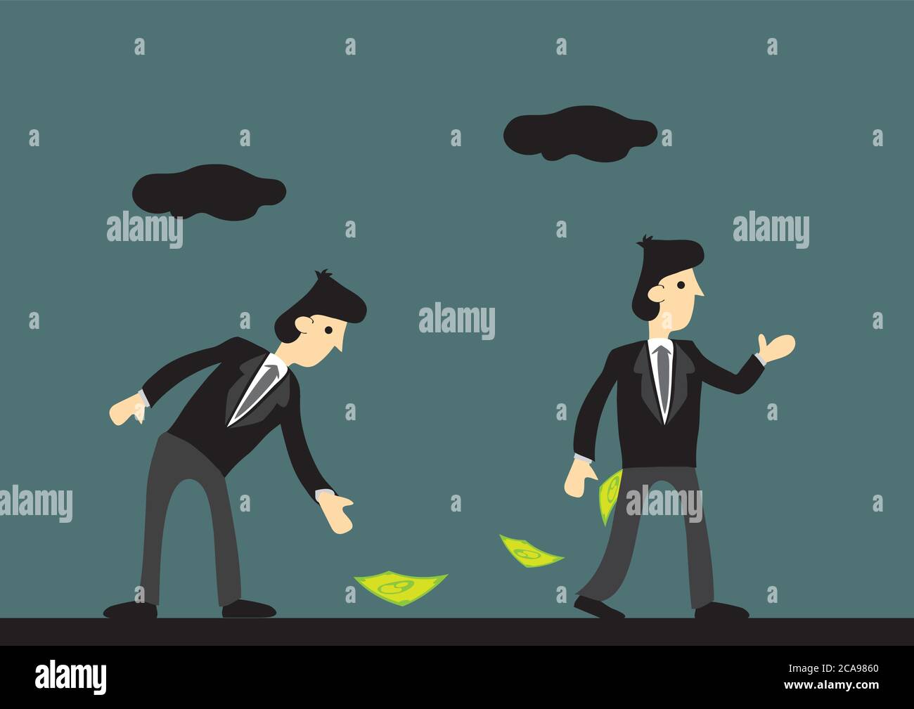 Cartoon man picks up money dropped out from another mans pocket. Vector ...