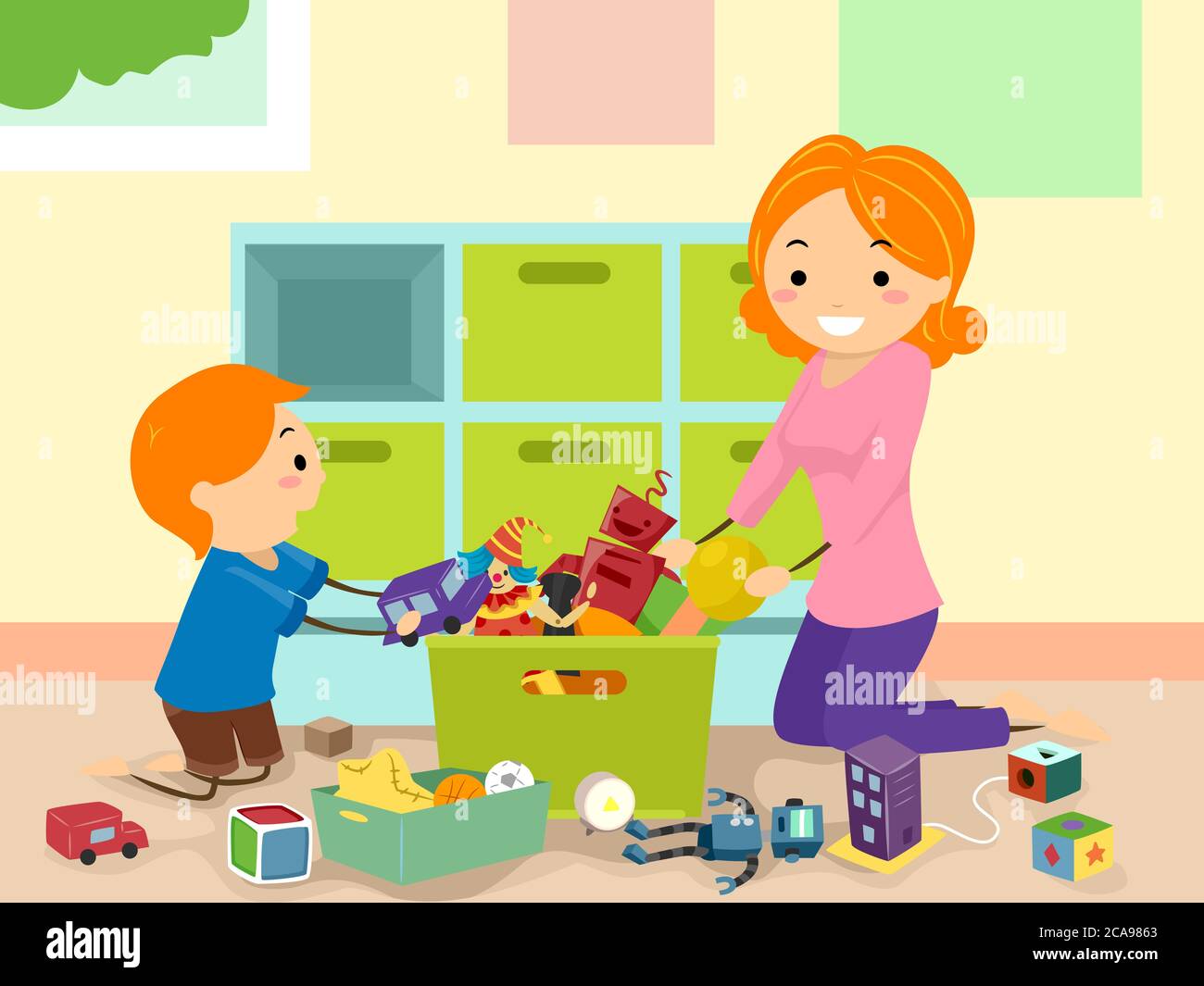 Illustration of a Stickman Kid Boy Organizing His Toys with His Mother ...