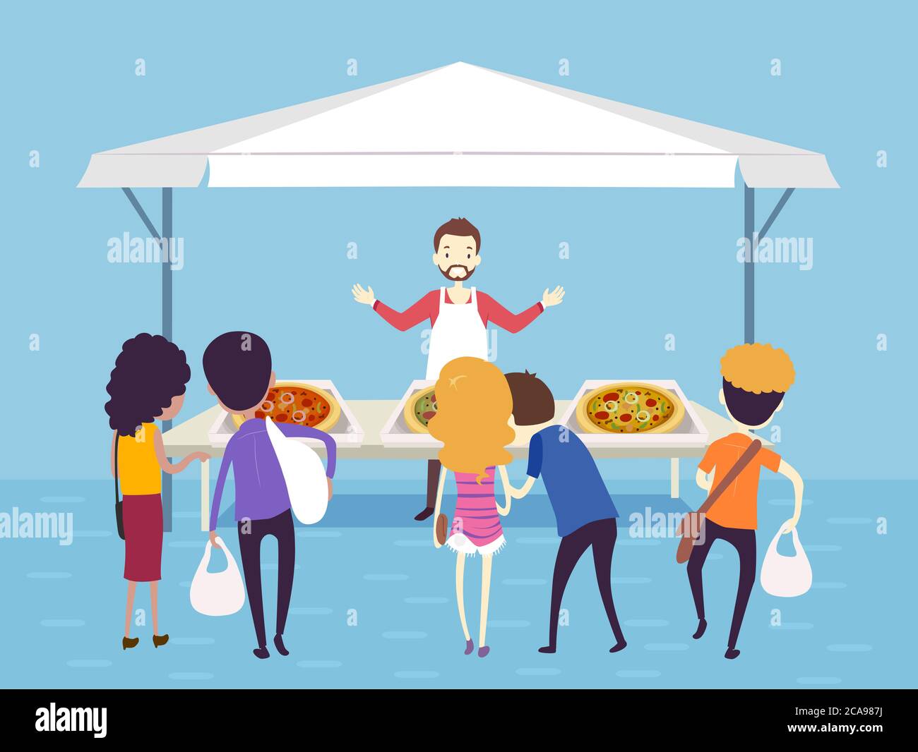 Illustration of a Man Selling Pizza from a Booth or Stall in a Fair ...
