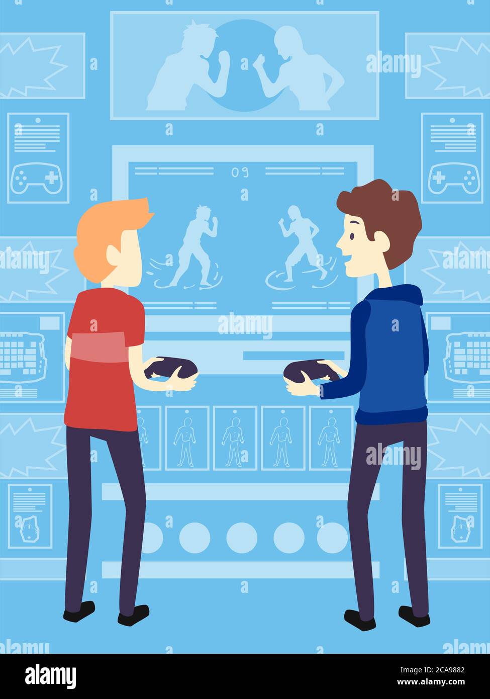 Illustration of Two Guys Holding a Gamepad Testing Video Games in a ...