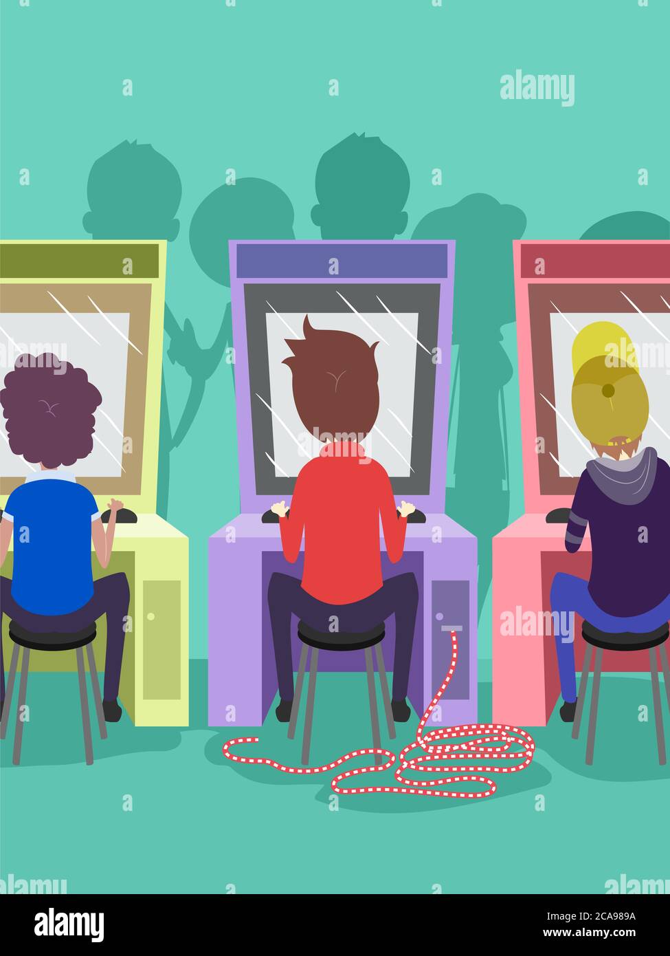 Illustration of Men Sitting and Playing Arcade Game, One Man Has Many ...