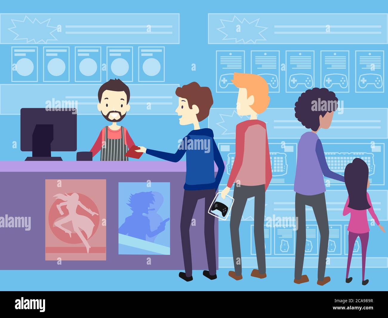 Illustration of Men Falling in Line At the Counter Buying Gamepad in a ...