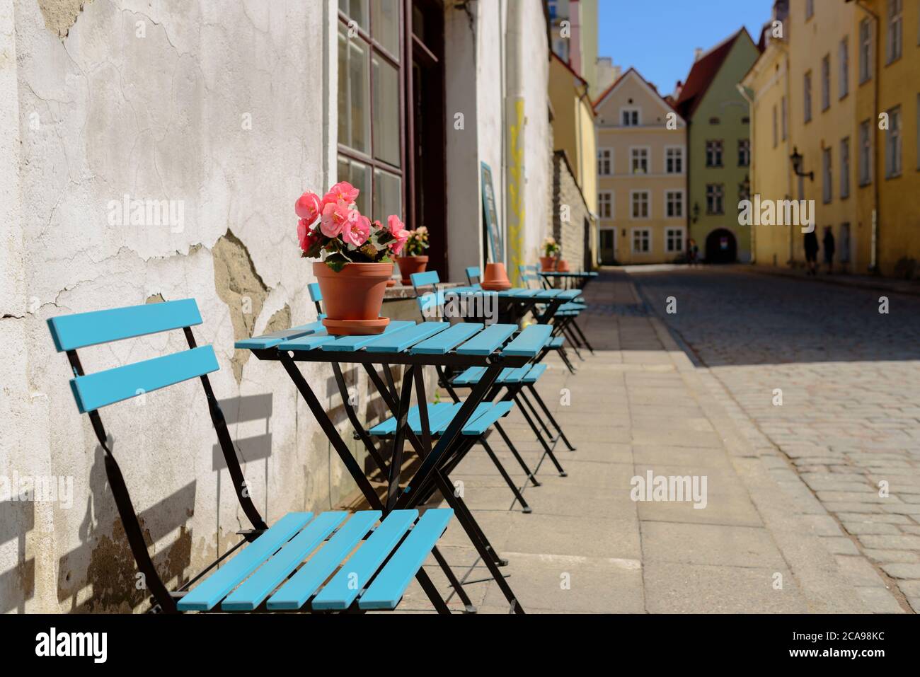 Empty tables in street summer terrace cafe, Tallinn, Estonia Stock ...